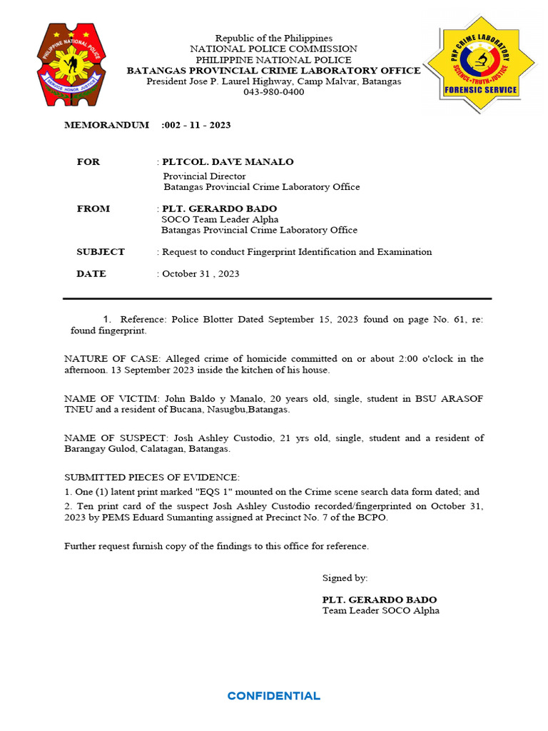 Fingerprint Examination Request for Homicide | PDF