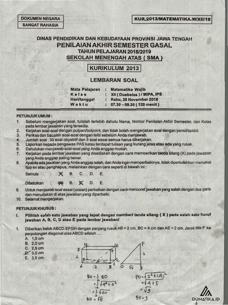 Pembahasan Soal PAS Matematika Wajib Kelas XII Tahun 2018-2019 | PDF