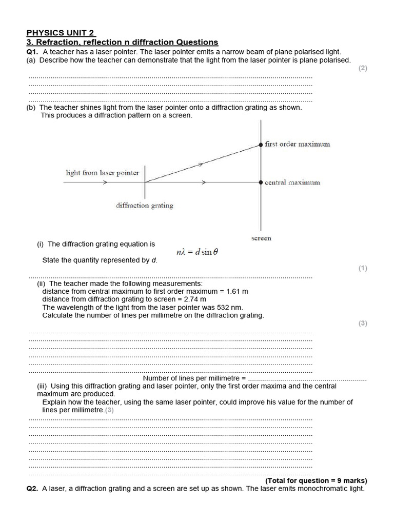 Physics Optics and Waves Quiz | PDF | Refraction | Diffraction