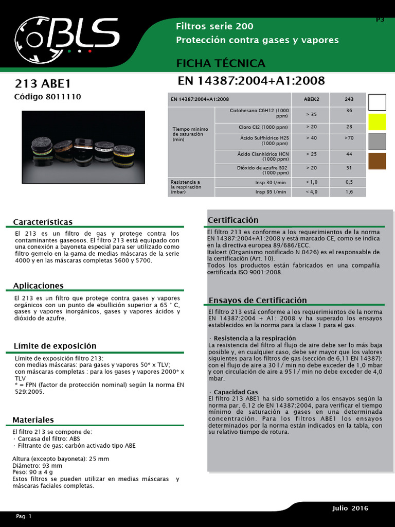 Filtro 213 ABE1: Protección y Uso | PDF | Materiales | Industria química