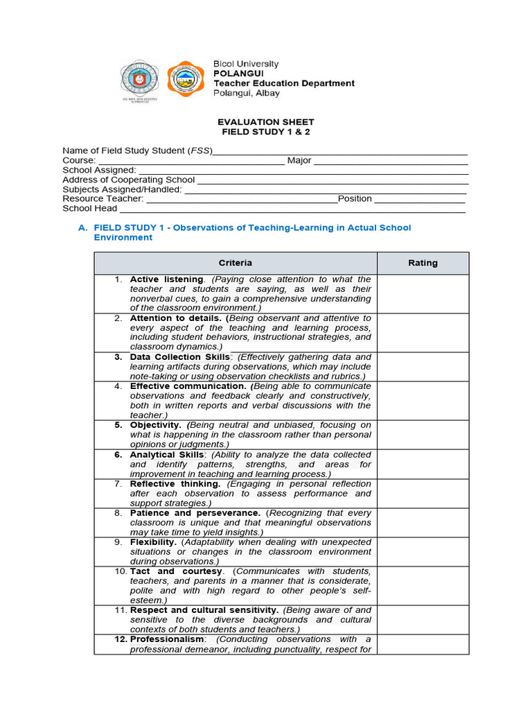 Evaluation Sheet For FSS | PDF | Teachers | Learning