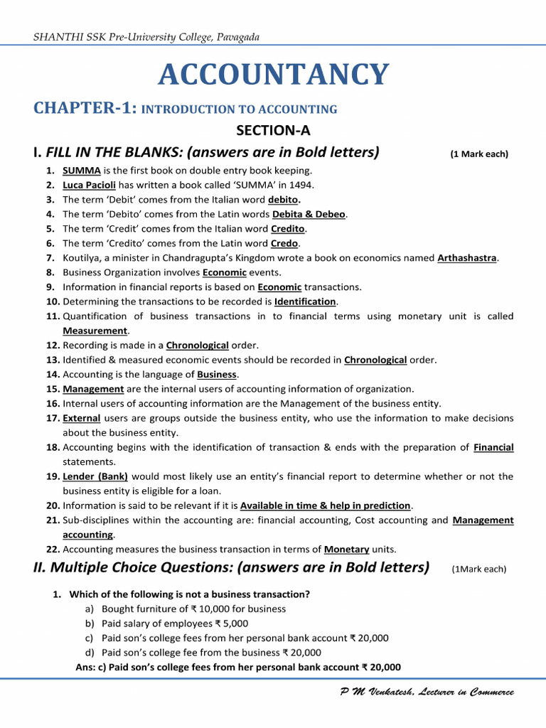 1 Pu Accountancy Theory Notes | PDF