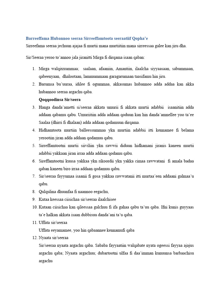 Barreeffama Hubannoo seeraa Sirreeffamtoota seeraatiif Qopha | PDF