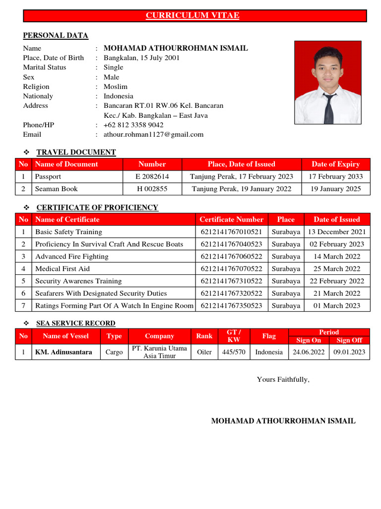 Cv. Mohamad Athourrohman Ismail | PDF | Sailor | Transport