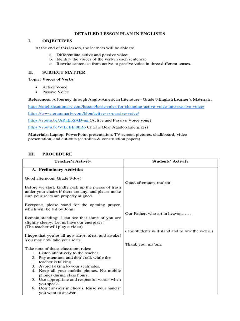 Detailed Lesson Plan in English 9 | PDF | Verb | Grammatical Tense