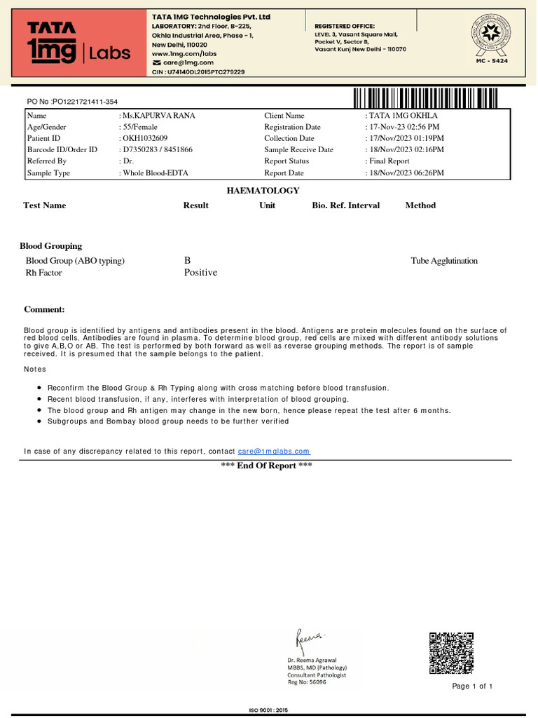 Blood Group Test Report | PDF | Blood Type | Body Fluids