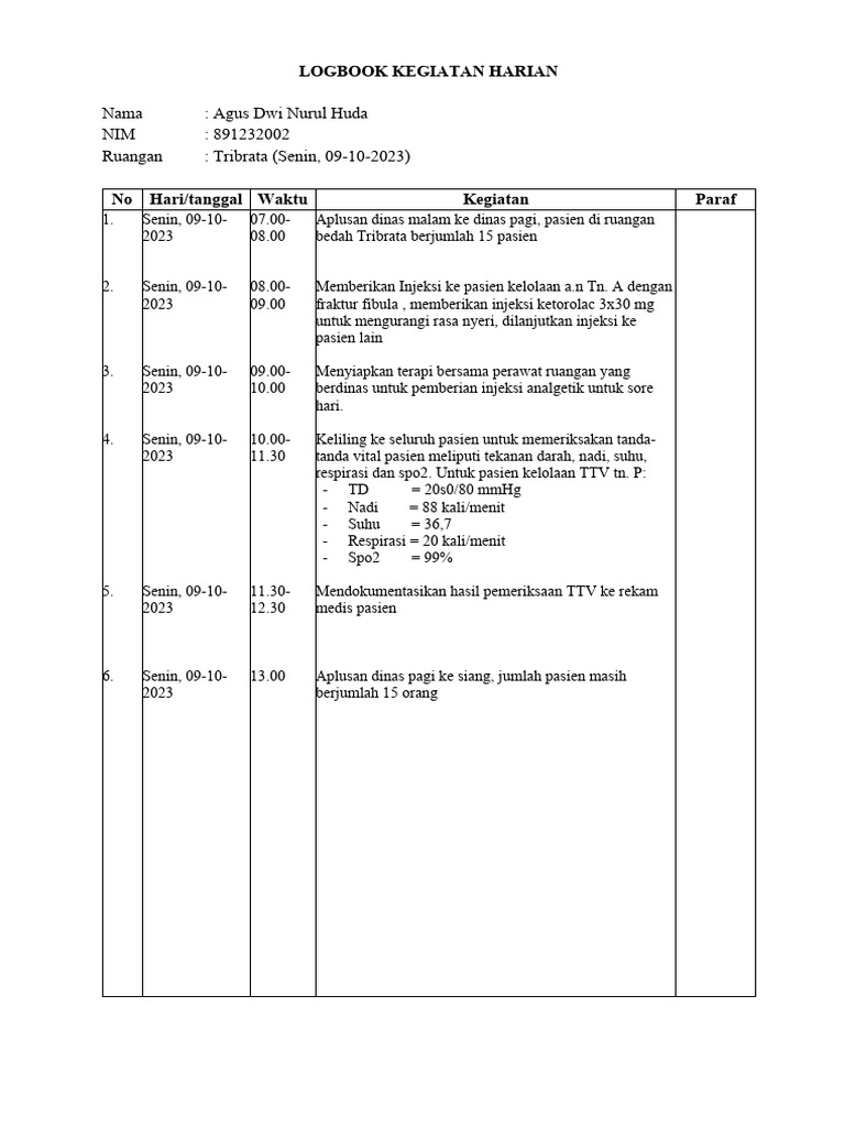 Contoh Logbook Harian Perawat | PDF
