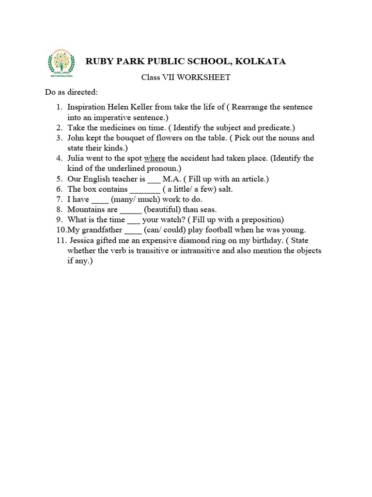 Class 7 Worksheet (1) | PDF
