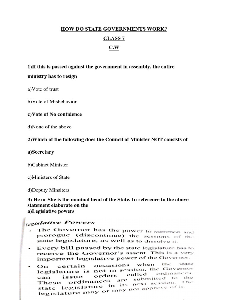 Class 7 C W How Do State Governments Work | PDF | Federalism | Cabinet ...