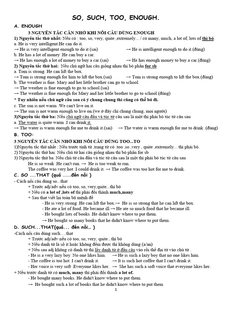 Bài Tập Với Cấu Trúc So Such Too Enough | PDF