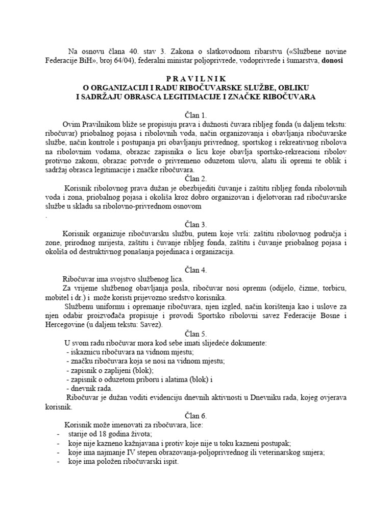 Pravilnik o Organizaciji I Radu Ribočuvarske Službe, Obliku | PDF