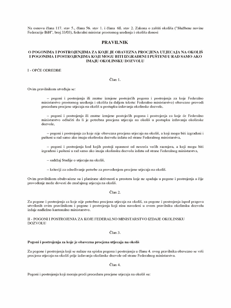 Pravilnik o Pog I Postroj Za Koje Je Obavezna Proc Uticaja Na Okoliš I Pogonima I Postroj Koji ...