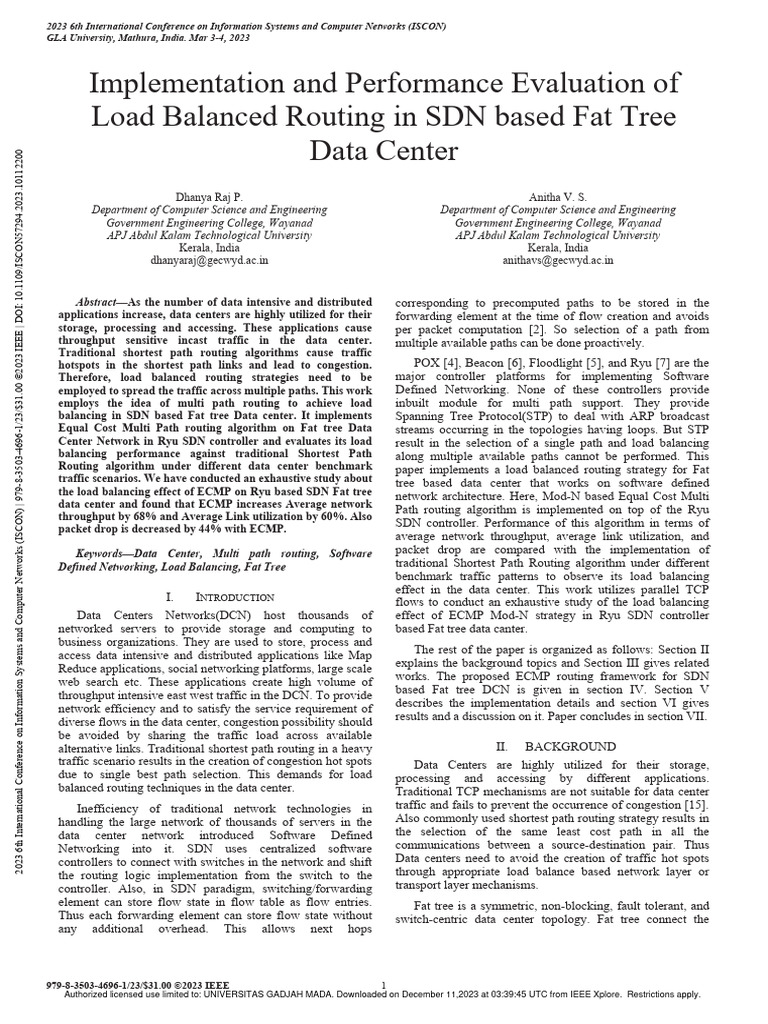 Implementation And Performance Evaluation Of Load Balanced Routing In Sdn Based Fat Tree Data