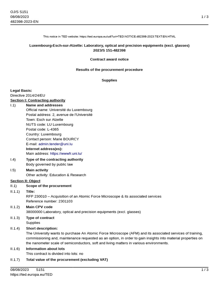 RFP 230010 Acquisition of An Atomic Force Microscope Avis Dattribution TED | PDF | Atomic Force ...