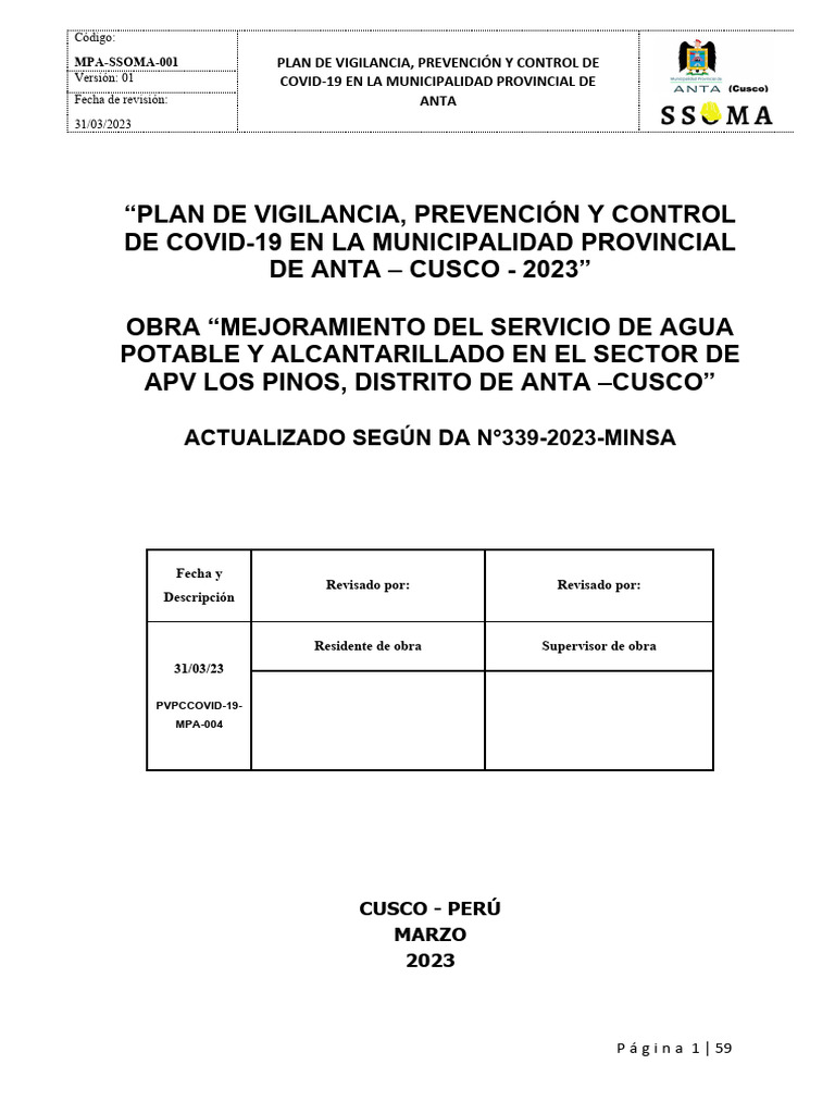 Plan de Vigilancia, Preveencion y Control Del COVID-19 en La MPA 2023-2 | PDF | Salud pública ...