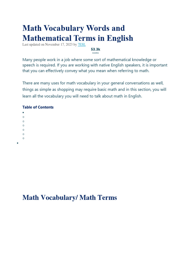 Math Vocabulary Words | PDF | Circle | Line (Geometry)