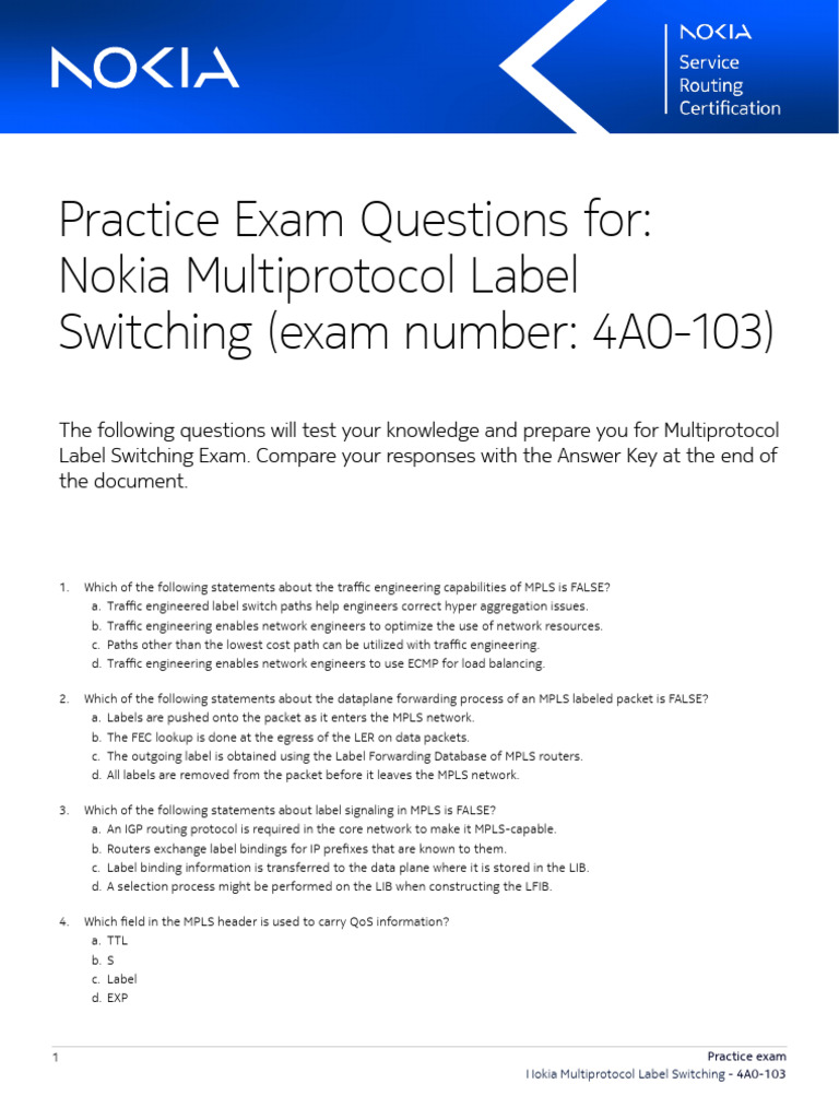 Nokia MPLS 4A0-103 Practice Exam | PDF | Networking | Multiprotocol ...