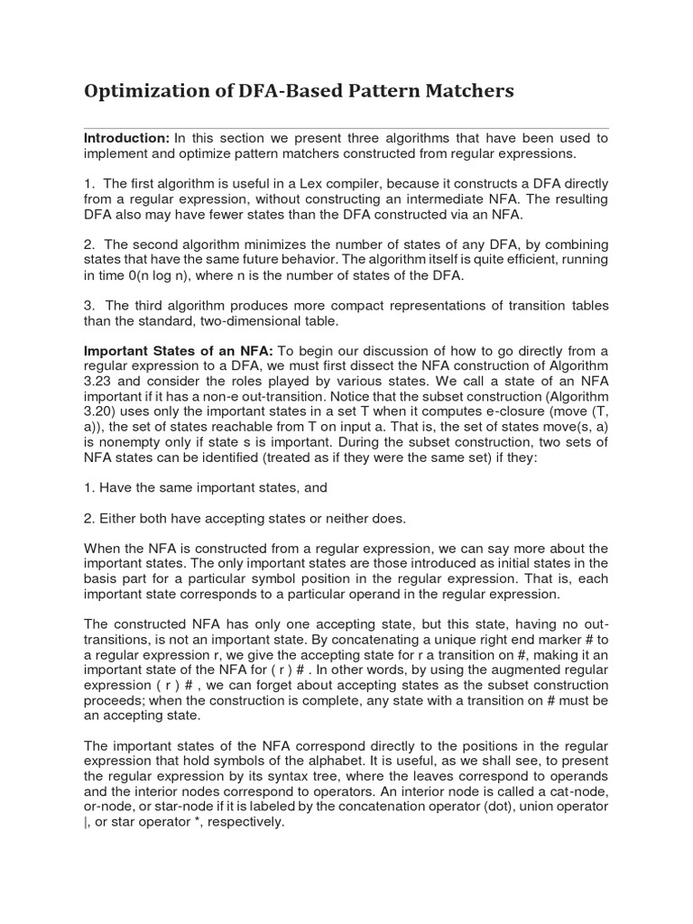 Optimization Of Dfa Based Pattern Matchers Pdf Theoretical Computer Science Models Of