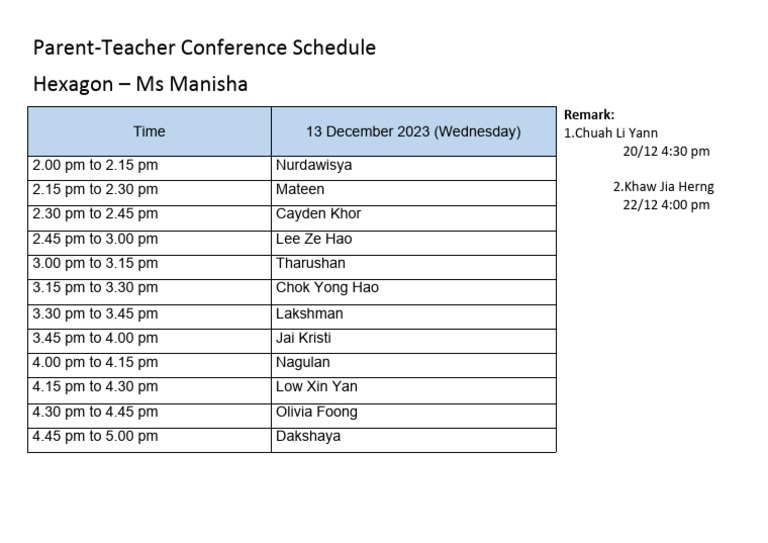 Year-End PTC Schedule (Nursery) | PDF