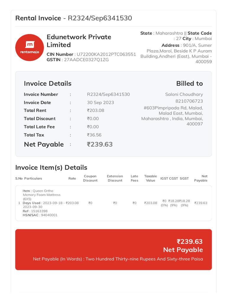 Rental Invoice for Mattress - R2324 | PDF | Rupee | Government Finances