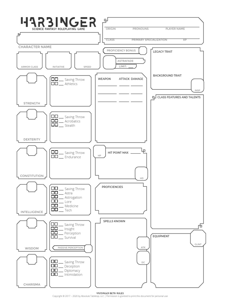 Harbinger- Character Sheet | PDF | Interactivity | Leisure Activities