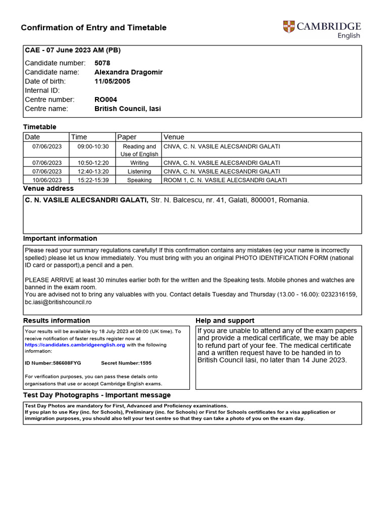 Confirmation of Entry and Timetable | Download Free PDF | Government ...
