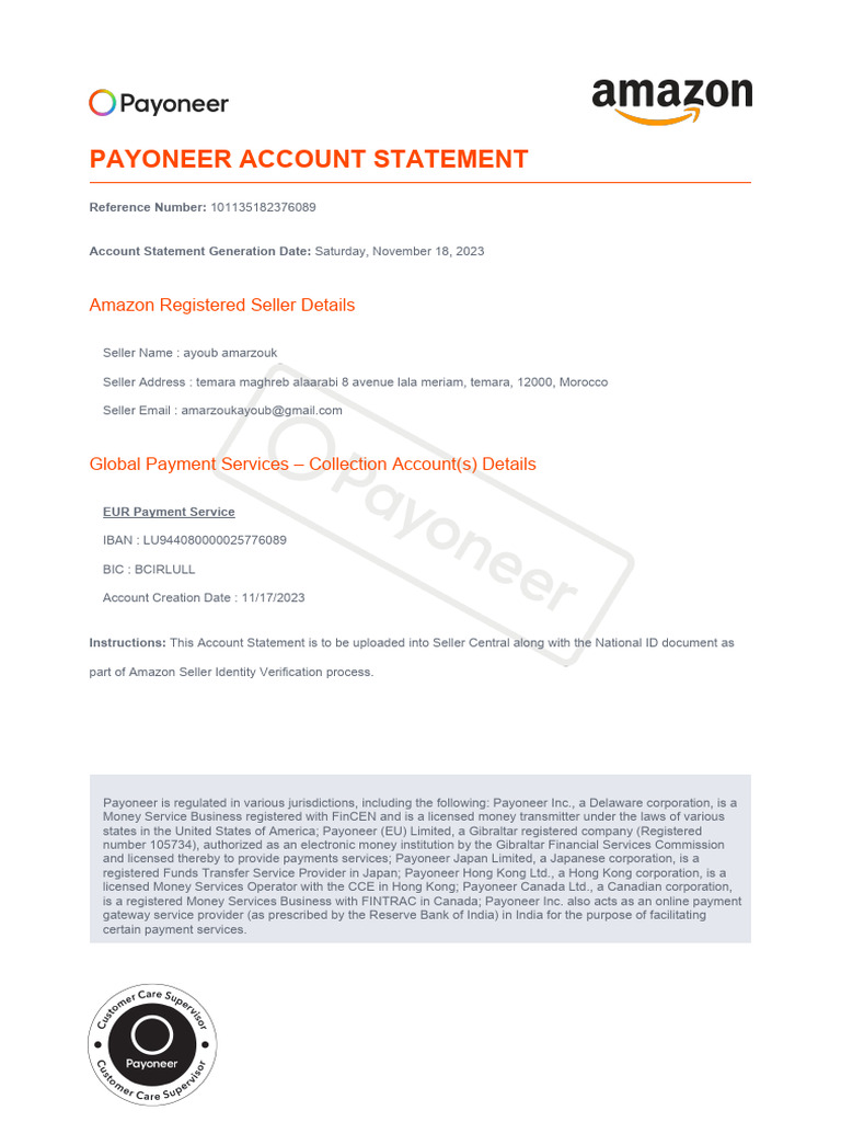 Payoneer Account Statement for Amazon Seller | PDF