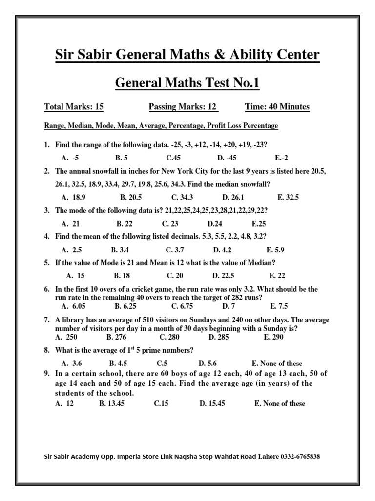Sir Sabir Ability Center Test No.1 General Maths | PDF | Mean | Average