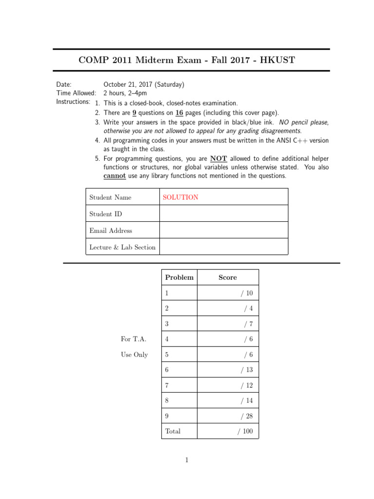 Comp2011 Midterm2017f Soln Pdf Parameter Computer Programming Matrix Mathematics 