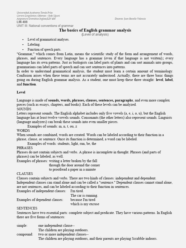 Unit III - Level of Analysis Draft | PDF | Verb | Clause