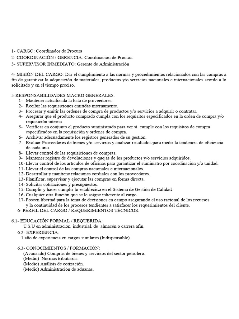 DESCRICCION DE CARGO Coordinador de Procura | PDF | Business | Economias