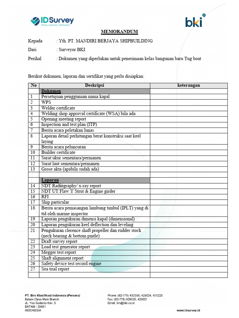 Memorandum Dokumen Pkbb Tug Boat Mbs | PDF