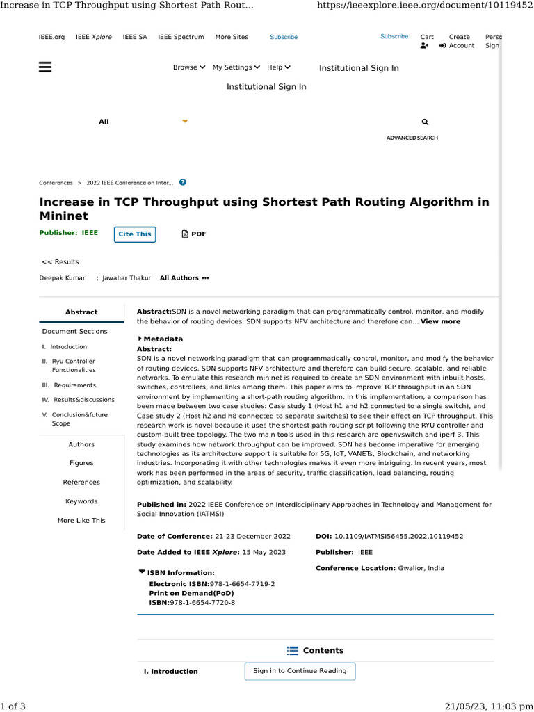 Increase In Tcp Throughput Using Shortest Path Routing Algorithm In Mininet Ieee Conference
