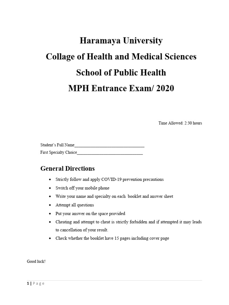 Haramaya University Collage of Health and Medical Sciences School of Public Health MPH Entrance ...