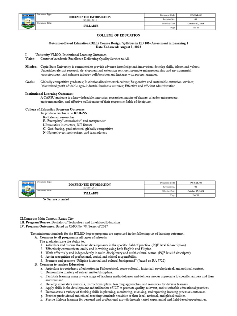 Ed 106 Assessment of Learning 1 | PDF | Educational Assessment | Learning