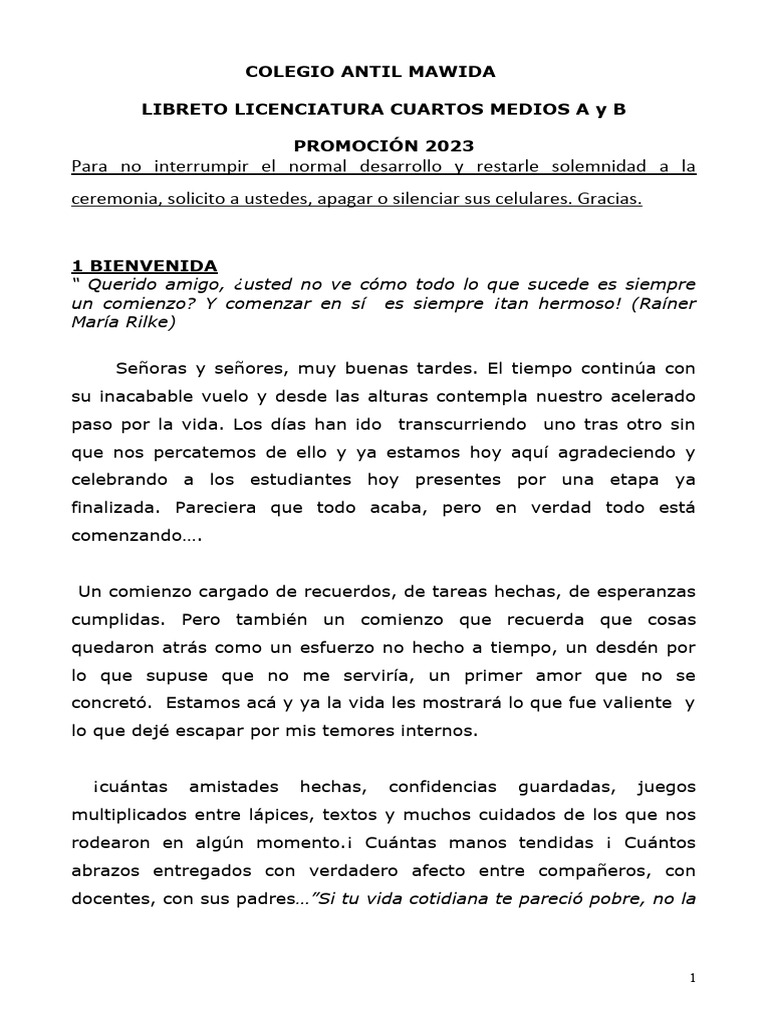 Libreto Licenciatura 2023 Ivº Medio a y b | PDF | Amor