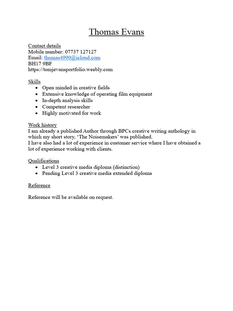 Thomas Evans CV | PDF