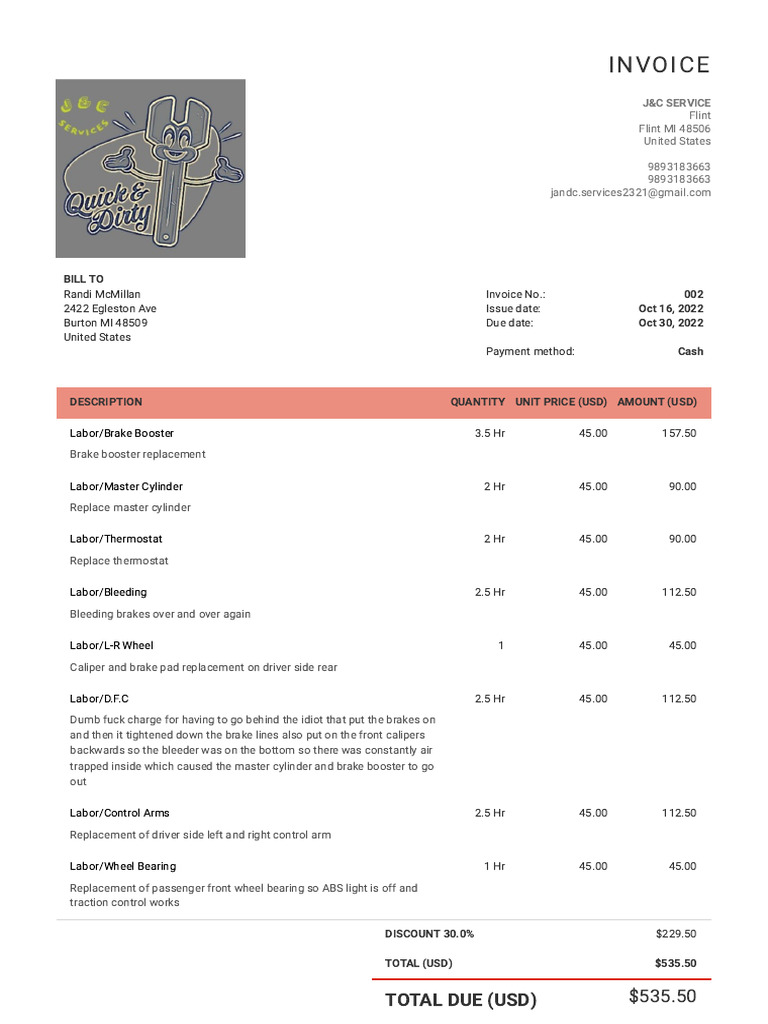 Invoice: Total Due (Usd) $535.50 | PDF | Brake | Manufactured Goods