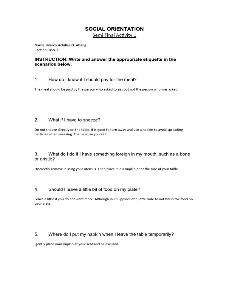 Table Etiquette Activity | PDF