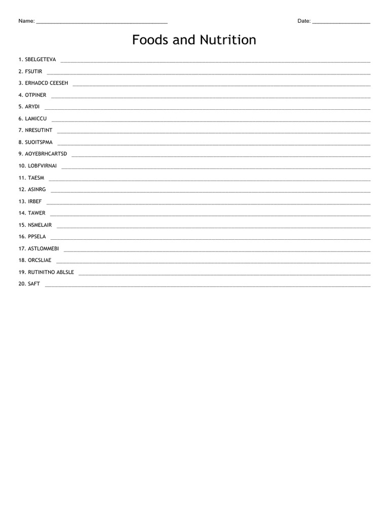 Foods_and_Nutrition Word Scramble-1 | PDF