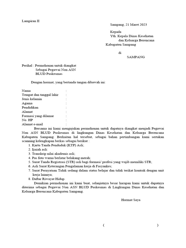 Surat Lamaran Pegawai Non ASN BLUD | PDF
