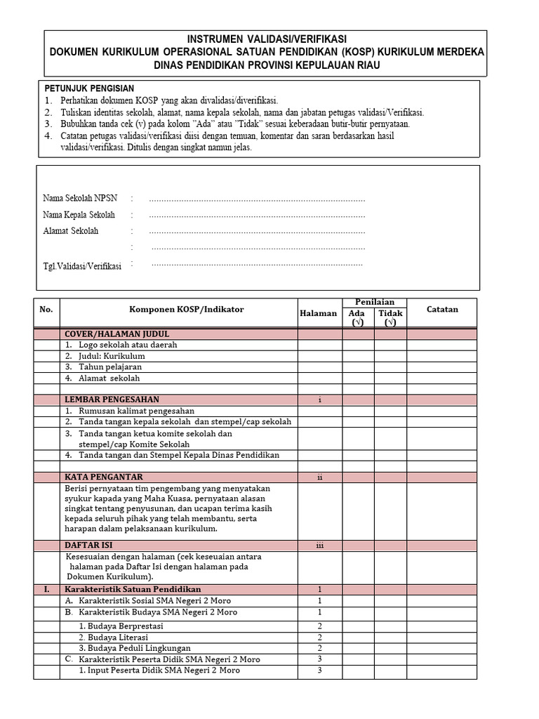 INSTRUMEN Validasi KOSP | PDF