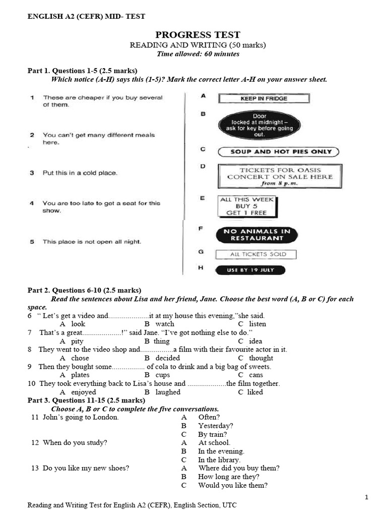 A2 Progress TEST - Reading and Writing - A2 | PDF
