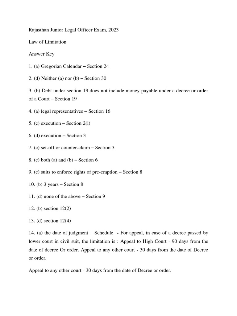 Answer Key - Limitation Act - Raj JLO | PDF | Lawsuit | Decree