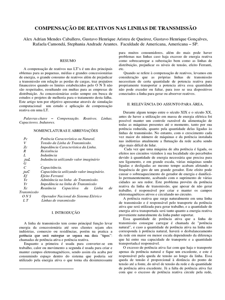 Compensação de Reativos em Linhas de Transmissão | PDF | Transmissão de ...