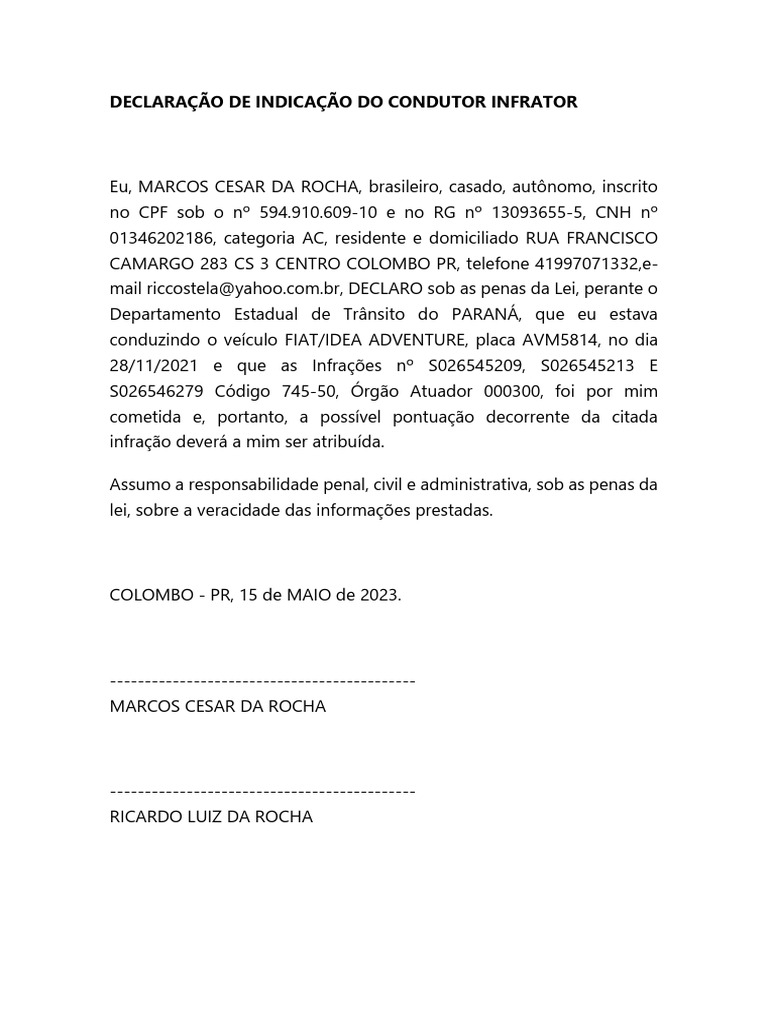 Declaração de Indicação Do Condutor Infrator Marcos | PDF Declaração de Indicação Do Condutor Infrator Marcos | PDF