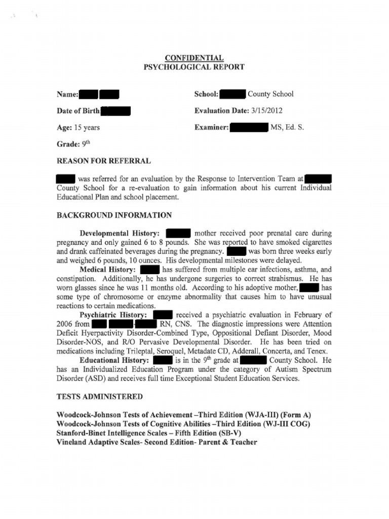 Psychological Evaluation Report | PDF | Wechsler Adult Intelligence Scale | Intelligence Quotient