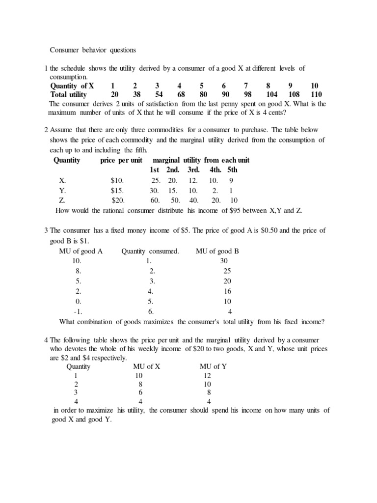 Consumer Behavior Questions Pdf Utility Marginal Utility