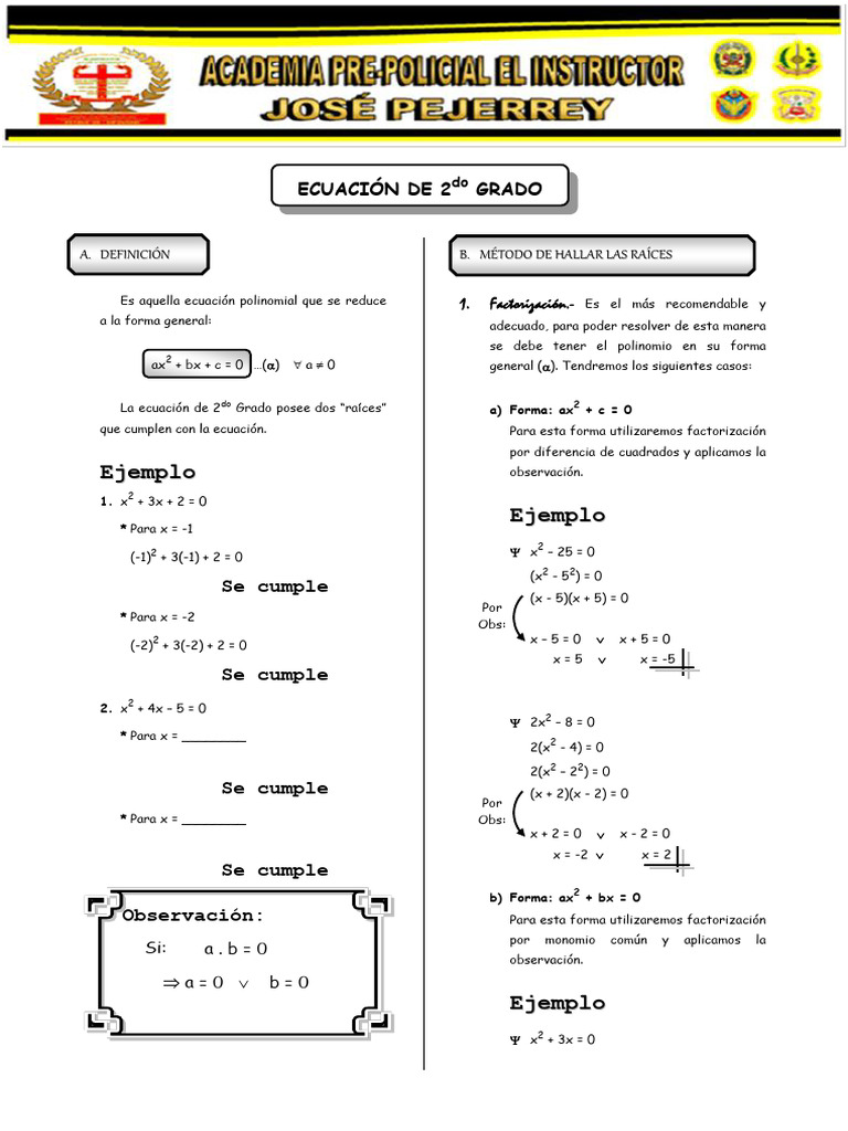 Algebra tema 11 - Ecuación de 2do Grado | PDF | Factorización | Álgebra ...