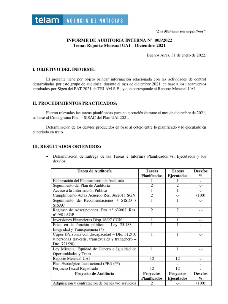 Informe de Auditoria Interna #003/2022 Tema: Reporte Mensual UAI ...